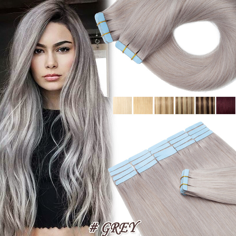 GREY Super Russian Tape In Real Remy Human Hair Extensions Wavy Skin ...