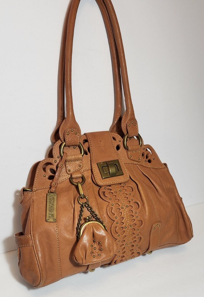 LOCKHEART CUT IT OUT CANDACE BROWN LEATHER LACE STUDDED HANDBAG W/COIN ...