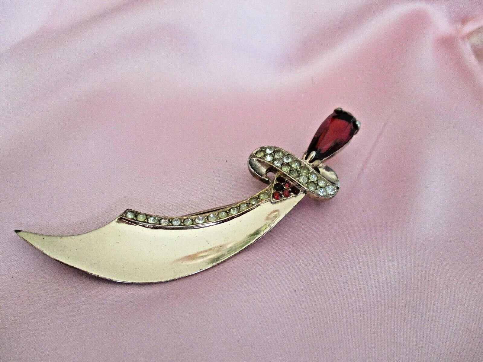 '40'S Vermeil Sterling SCIMITAR SWORD Pin RHINESTONES Red Jeweled ...