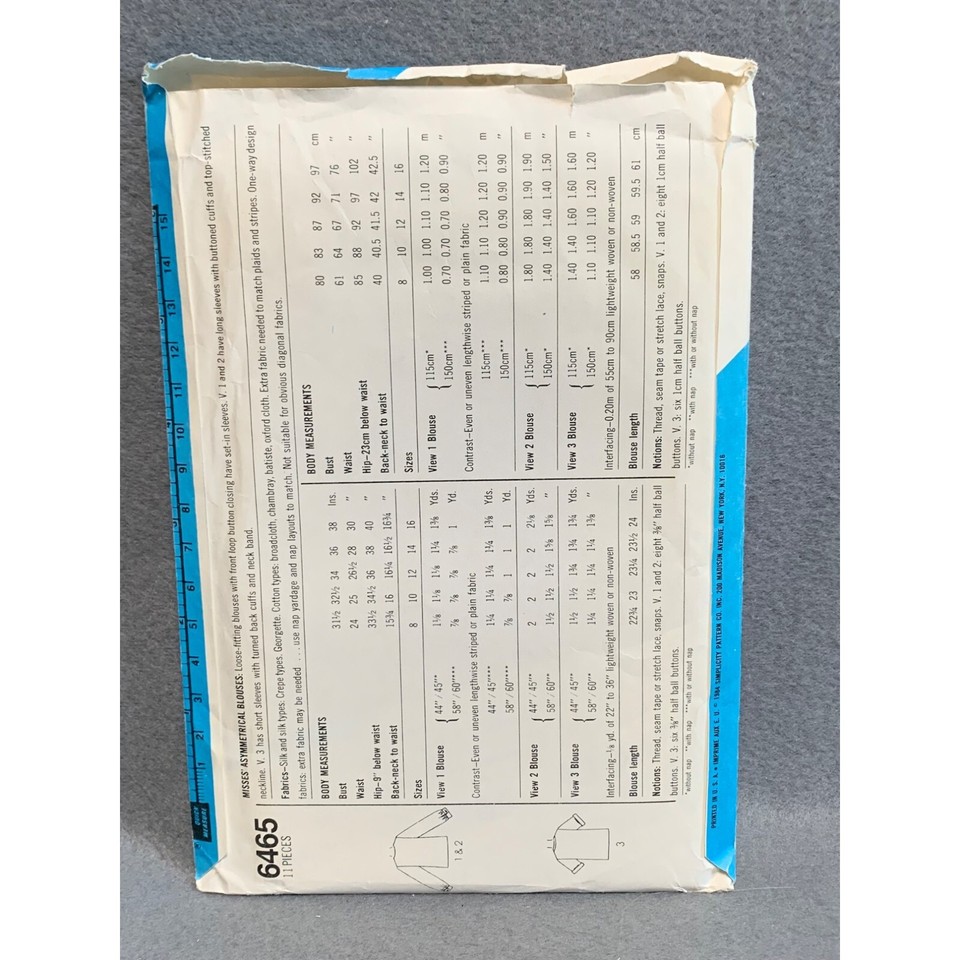 Vintage Simplicity Sewing Pattern 6465 For Misses Blouses Size 16 ...