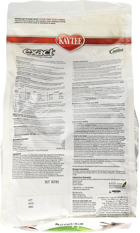 Kaytee Exact Hand Feeding Formula Baby Macaw Bird Food, 5-lb bag ...