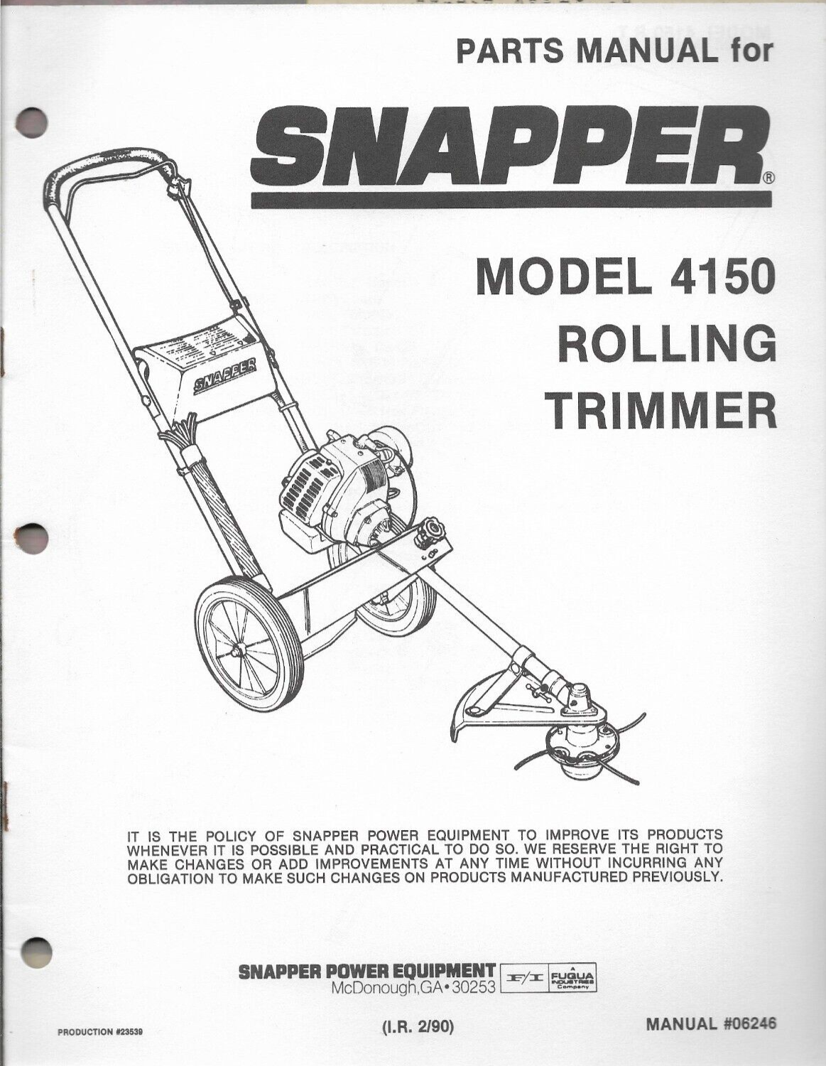 SNAPPER POWER EQUIPMENT ROLLING TRIMMER Model 4150 #06246 Parts Manual ...