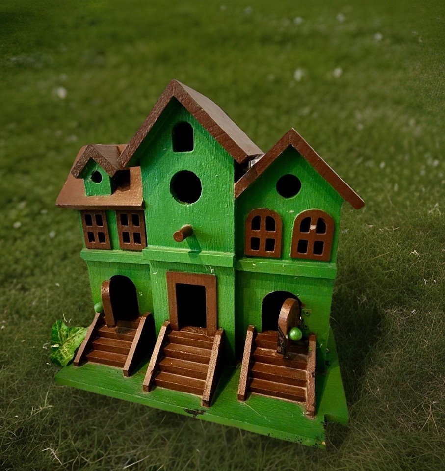NEW Handpainted Wooden Row Town House Birdhouse Green & Brown | eBay