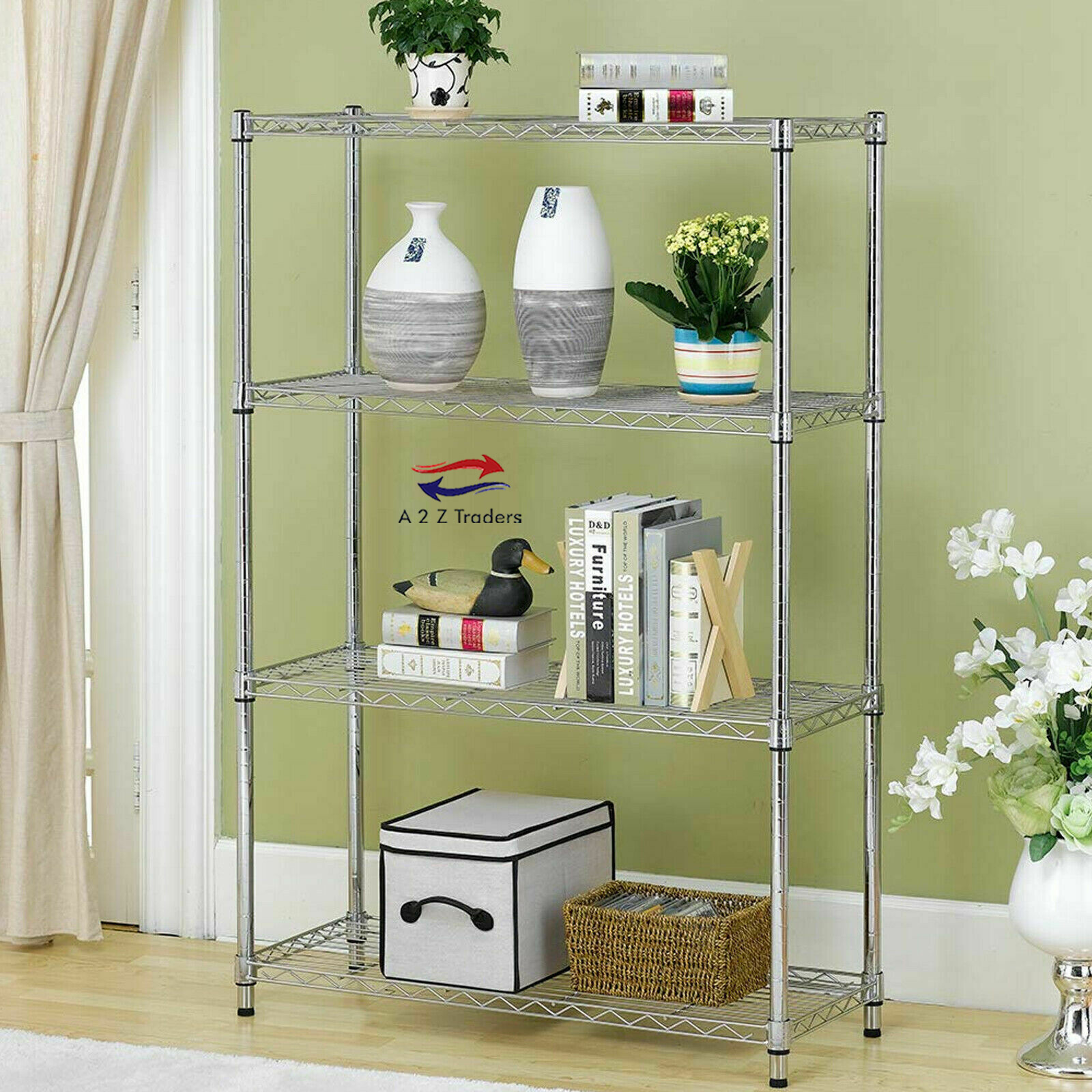 4/5 Tier Silver Metal Storage Rack Shelving Wire Shelf Kitchen Office ...