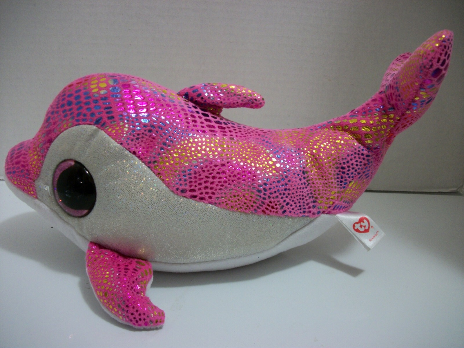 2 TY BEANIE BOOS DOLPHINS 12" 2014 SPARKLES, 8" 2015 FLIPS Pink Glitter ...