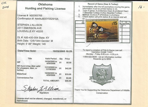 Oklahoma Hunting/Fishing License w/2005 Federal Duck Stamp (64640) | eBay