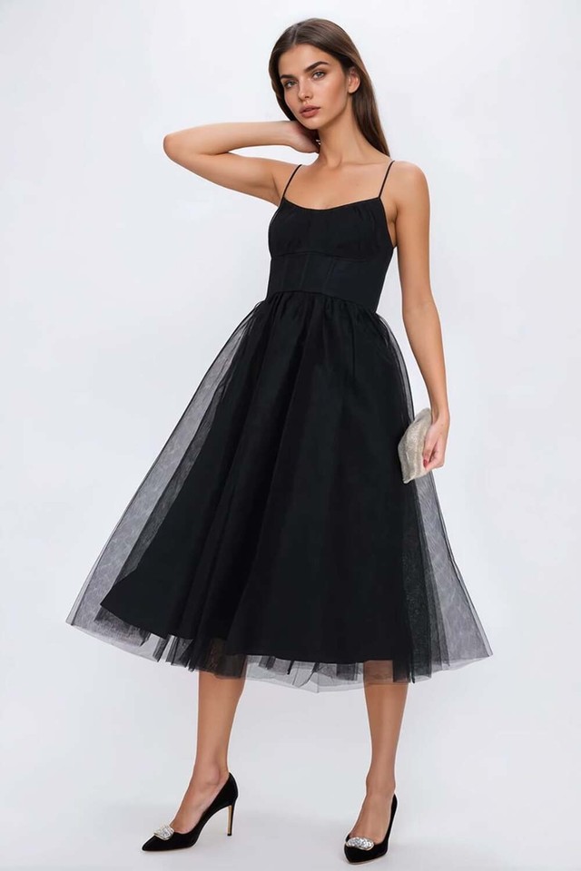 Zdenka Black Tulle Midi Dress | eBay
