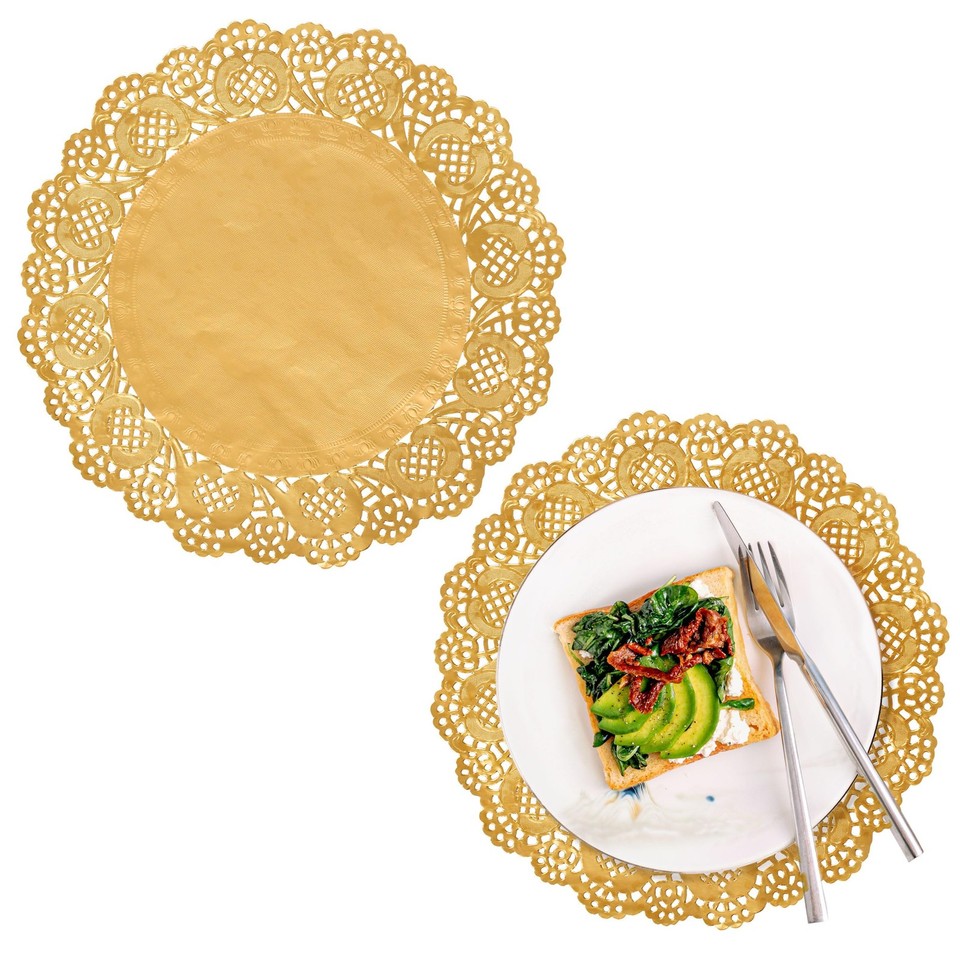 100 PCS 12 Inch Round Lace Gold Paper Doilies Foil Placemats Cakes ...