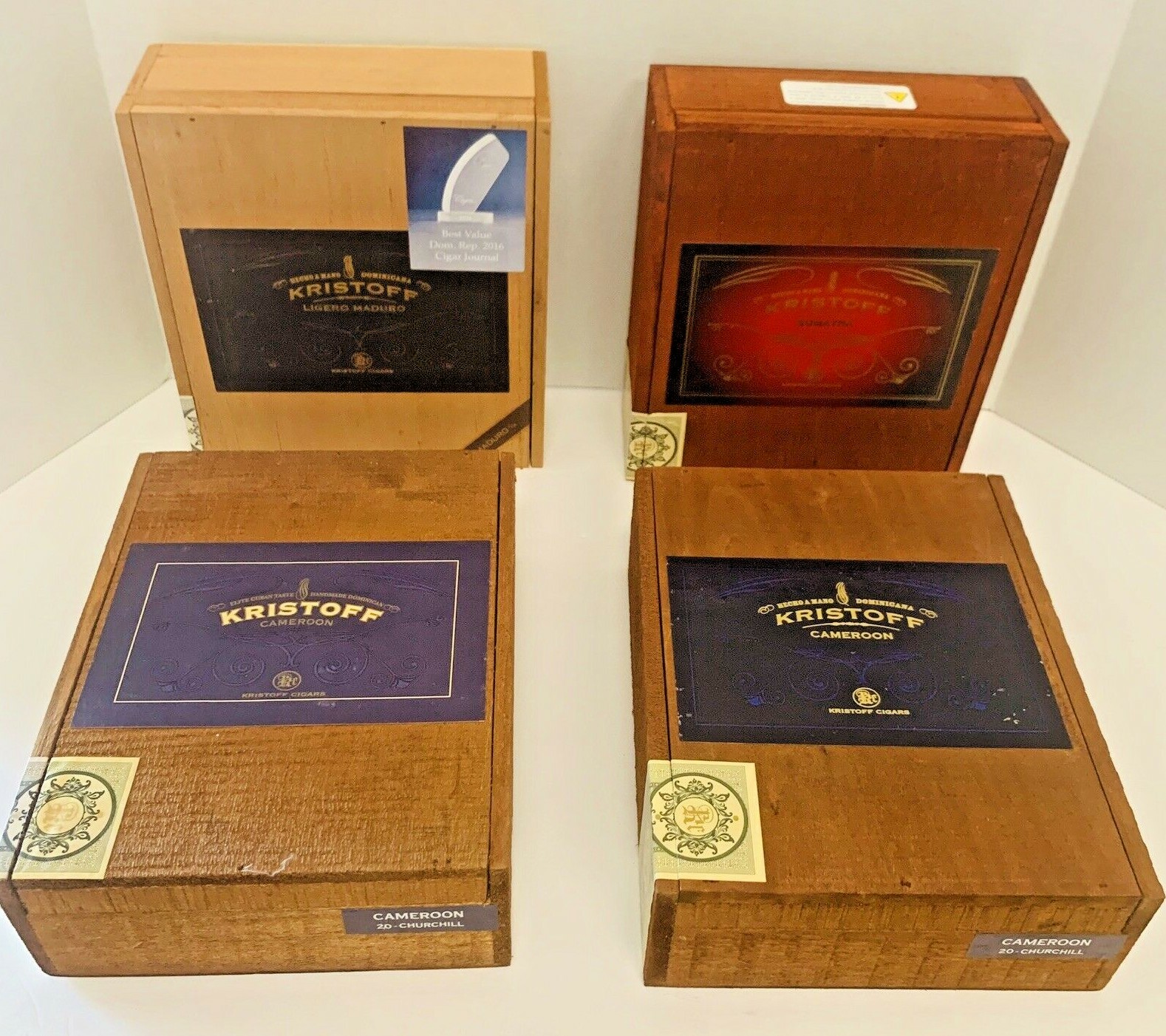 4 Assorted KRISTOFF Cameroon, Maduro, Sumatra Empty Wooden Cigar Boxes ...
