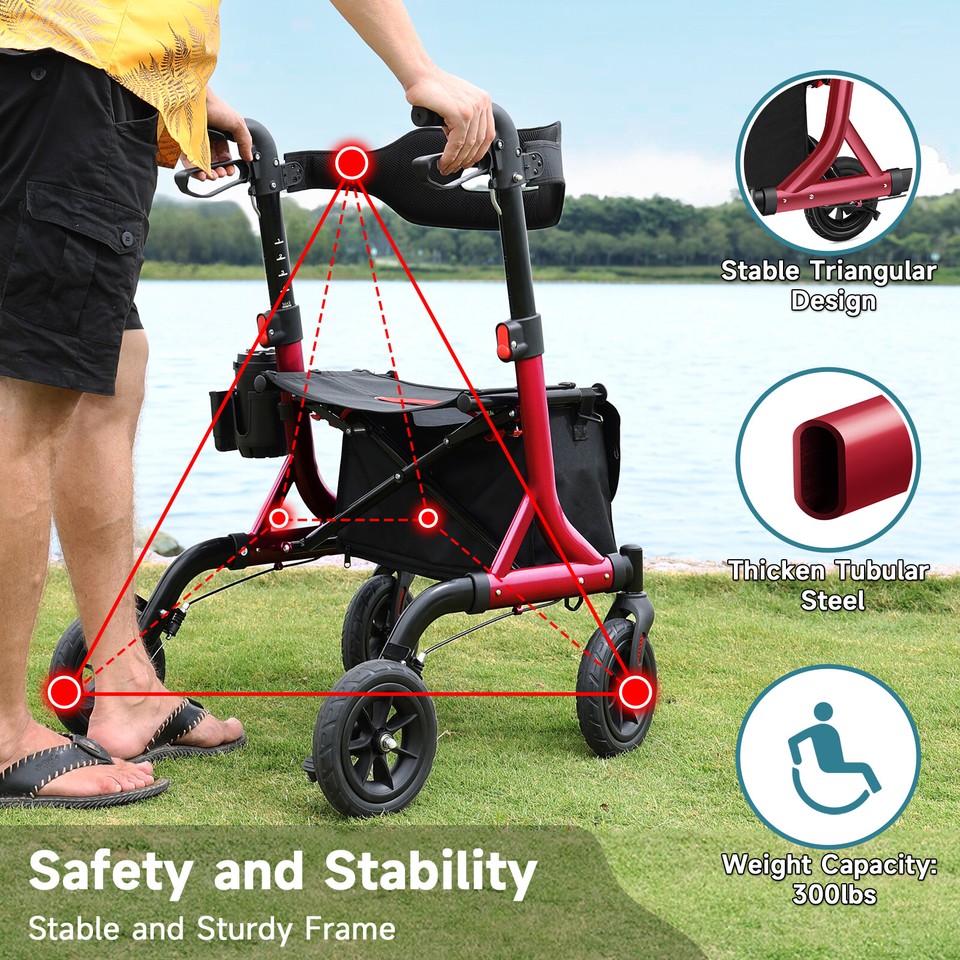 MAXWALK Rollator Walker w/Wide Seat Backrest All-Terrain Non-Slip ...