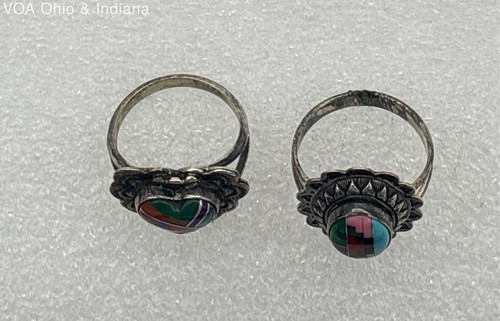 Lot Of Two 925 Silver Tested Multicolor Stone Inlay Ornate Border Rings ...