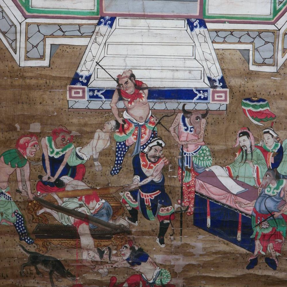 RARE VINTAGE CHINESE SCROLL PAINTING HELL CALLIGRAPHY PAPER CLOTH EARLY ...