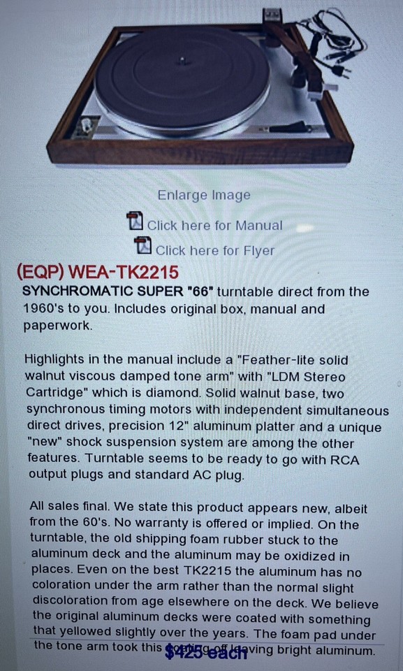 Weathers Turntable Super 66 EQPWEA-TK2215 | Wood | Tune Arm | United States