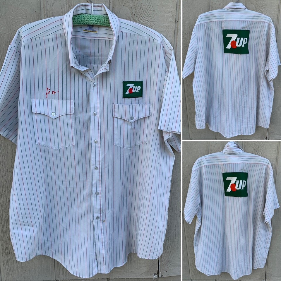 vintage 7up shirt striped work shirt embroidered patches 7 up Size XL ...