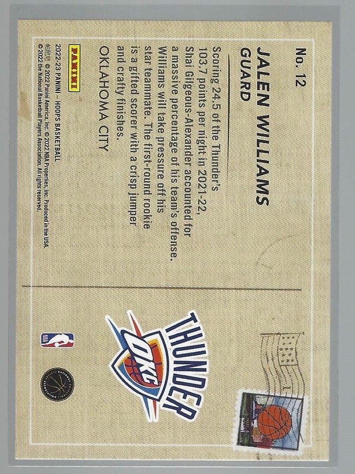 2022-23 Panini NBA Hoops Jalen Williams rookie card #12 Rookie ...