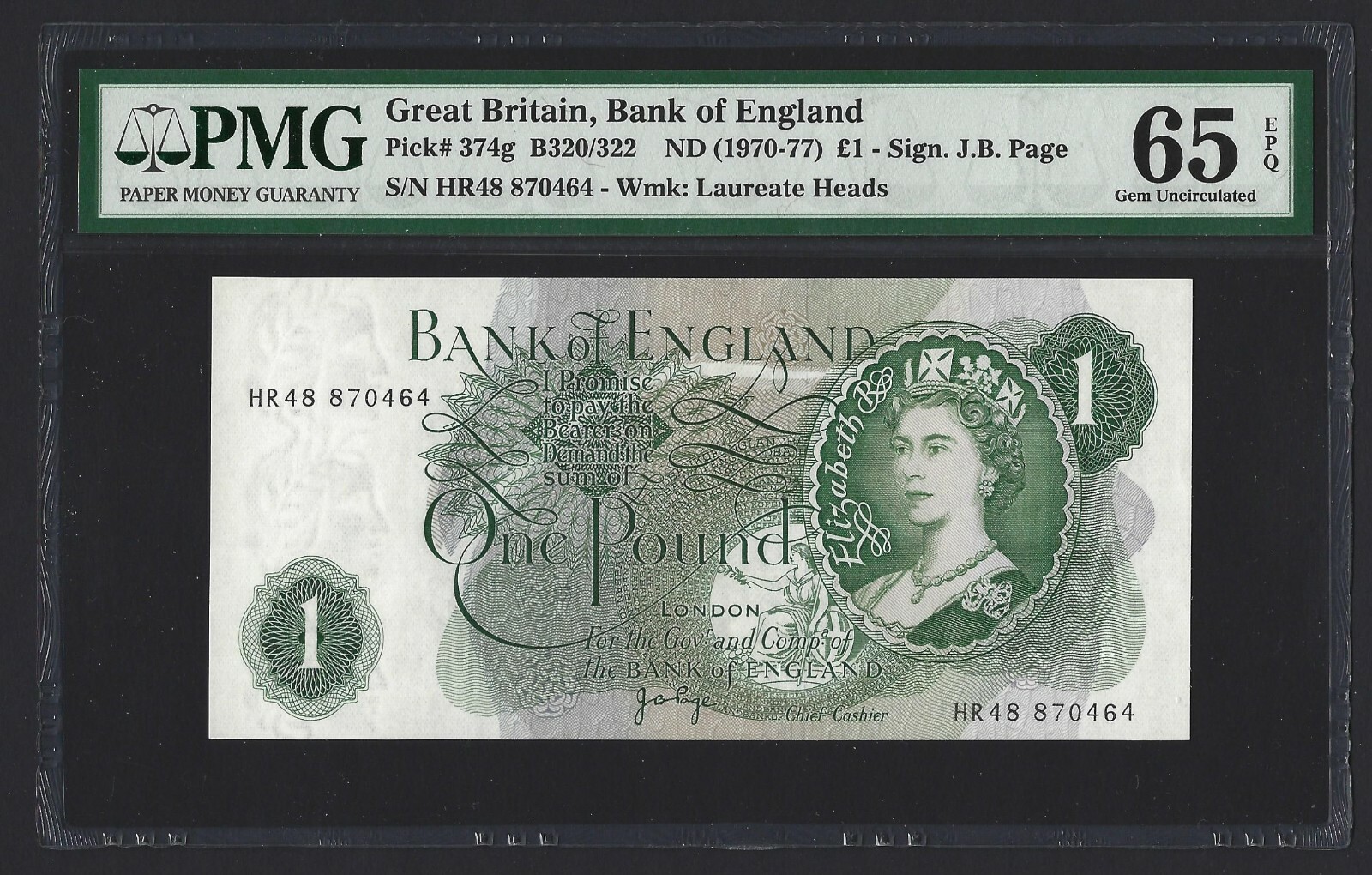 GREAT BRITAIN 1 Pound 1970, ENGLAND B322 P-374g Page, PMG GEM UNC 65 ...