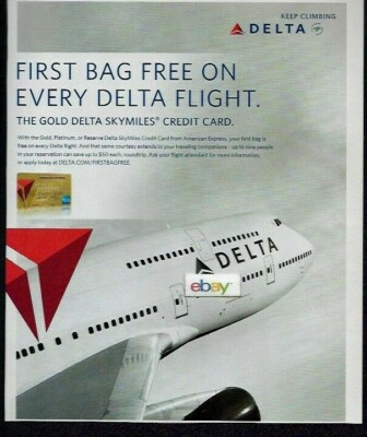 DELTA AIRLINES 747-400 KEEP CLIMBING & FIRST BAG FREE A/E CREDIT CARD ...