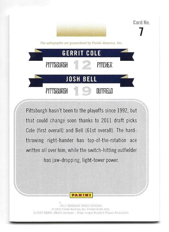 Gerrit Cole Josh Bell 2012 PANINI INKCREDIBLE DUAL AUTOGRAPH CARD ...