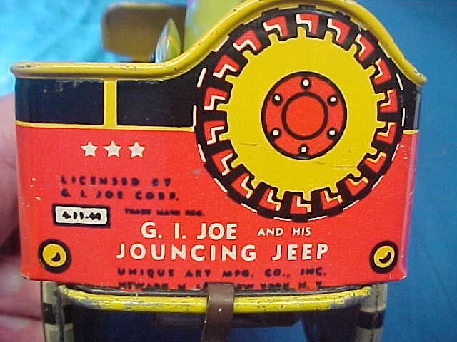 Orig 1940s UNIQUE ART Wind Up TIN Litho GI JOE JOUNCING JEEP Toy Works ...
