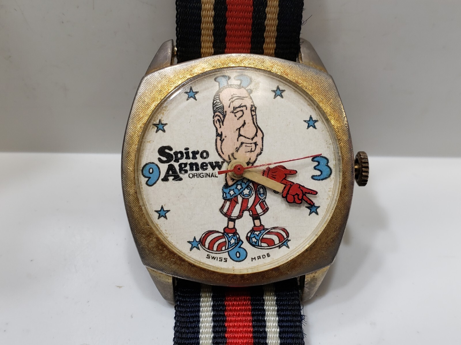 Spiro Agnew Watch Swiss Made Mechanical Wound W/ Striped Ribbon Band ...