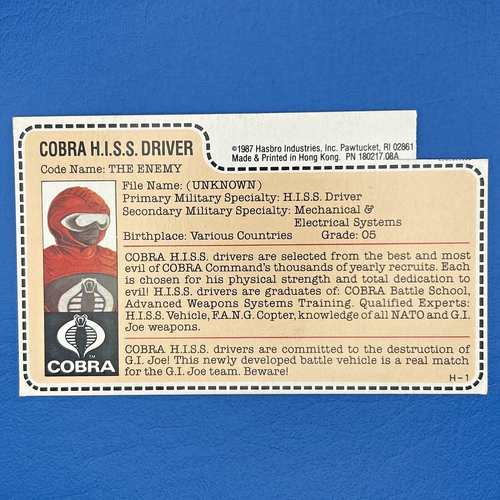 RARE RED BACK Cobra Hiss Driver File Card GI Joe Vintage 1983 1987 Mail ...