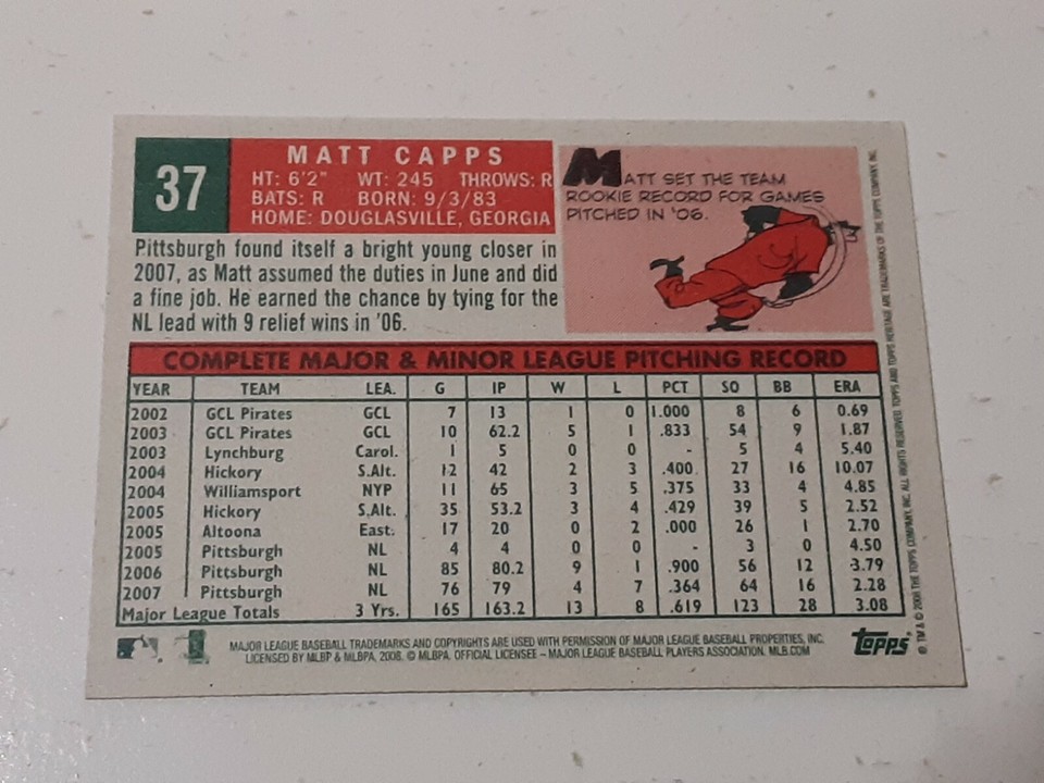 Matt Capps Pittsburgh Pirates 2008 Topps Heritage Autograph Card #37 ...