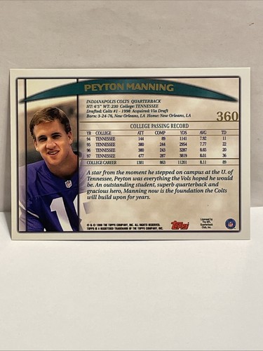 1998 Topps Peyton Manning Rookie Card#360 NM/Mint Condition | eBay