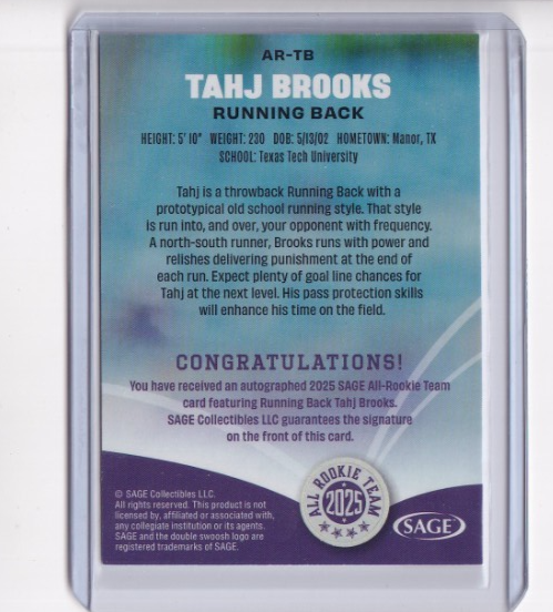 Tahj Brooks 2025 SAGE HIGH SERIES ALL-ROOKIE TEAM ROOKIE AUTO #AR-TB ...