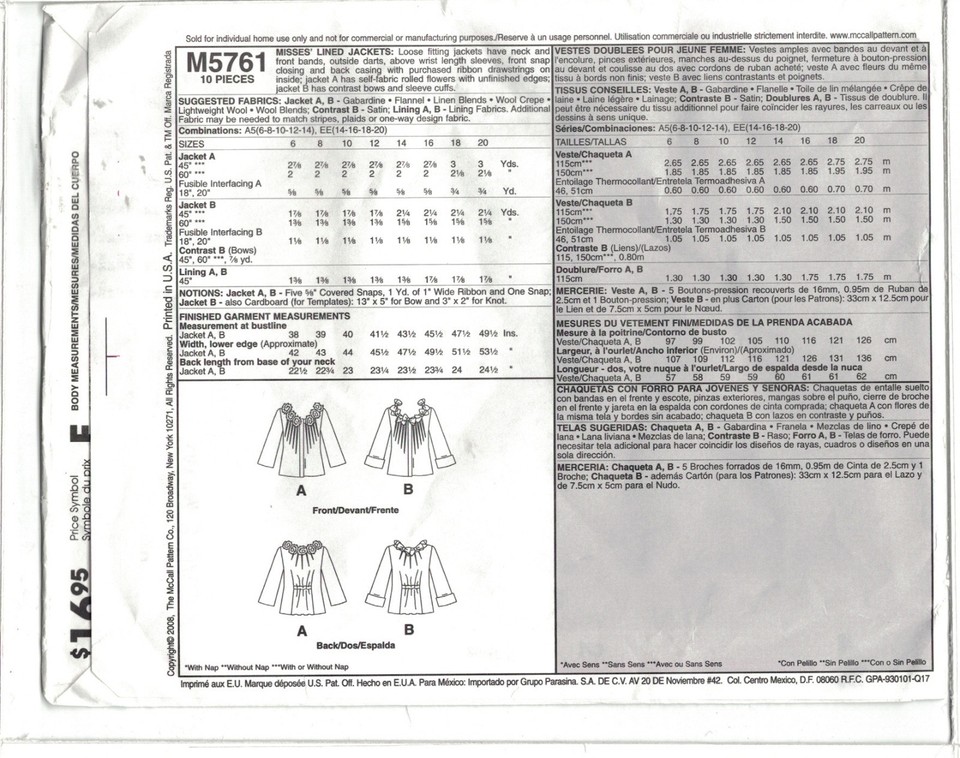 McCalls 5761 Size 6-14 Artsy Lined Jacket Pattern Handmade Flowers ...