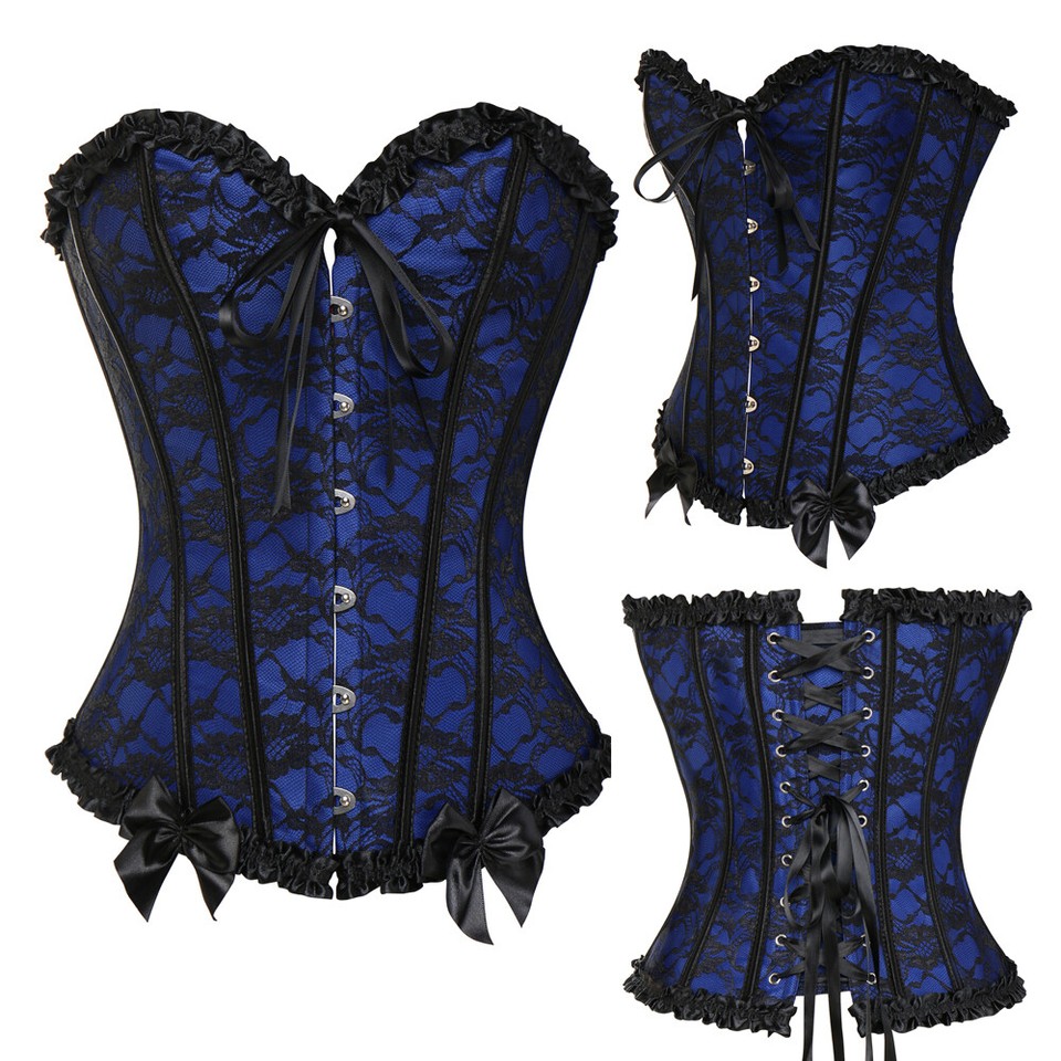 Women Black Overbust Boned Corset Burlesque Basque Top Lace-Up Costume ...