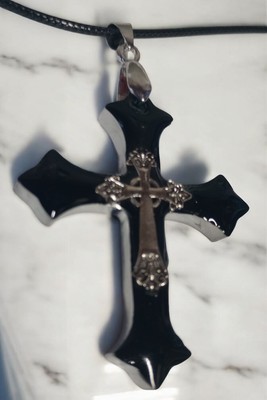 Handmade Black Resin Cross Pendant with Inlaid Silver Metal Cross | eBay UK