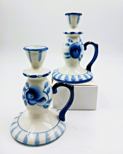 2 Russian Blue &White Floral Candlestick Holders Handles Vintage USSR ...
