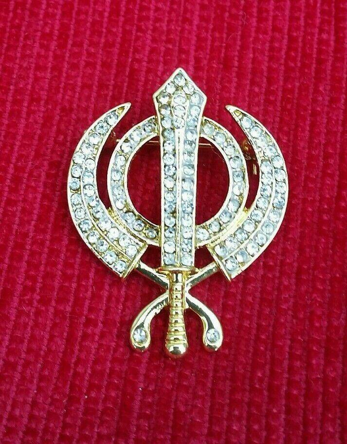 Stunning diamonte gold plated sikh khanda brooch cake pin singh turban ...