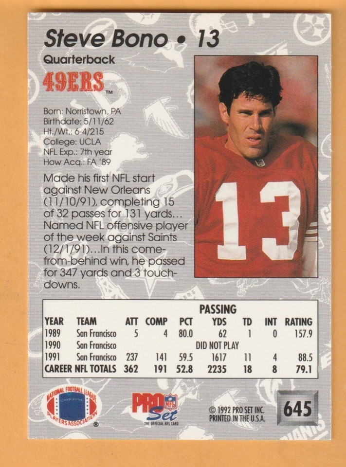 Steve Bono San Francisco 49ers AUTO Signed 1992 Pro Set UCLA Bruins | eBay