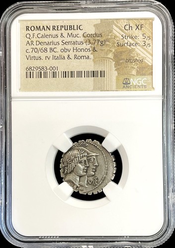 c. 70/68 BC ROMAN REPUBLIC Q.F. CALNUS & MUCIUS CORUS AR DENARIUS NGC ...