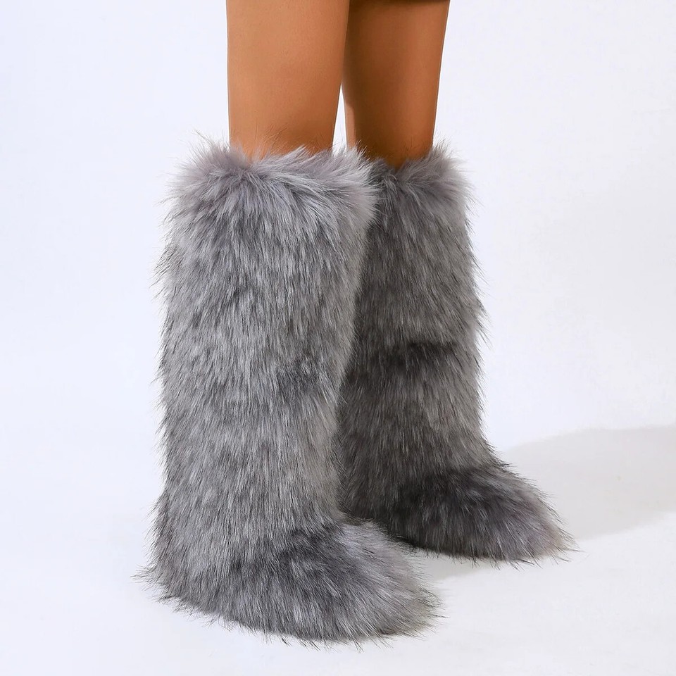 Winter Thigh High Fluffy Boots Furry Faux Fur New Plush Knee High Fur ...