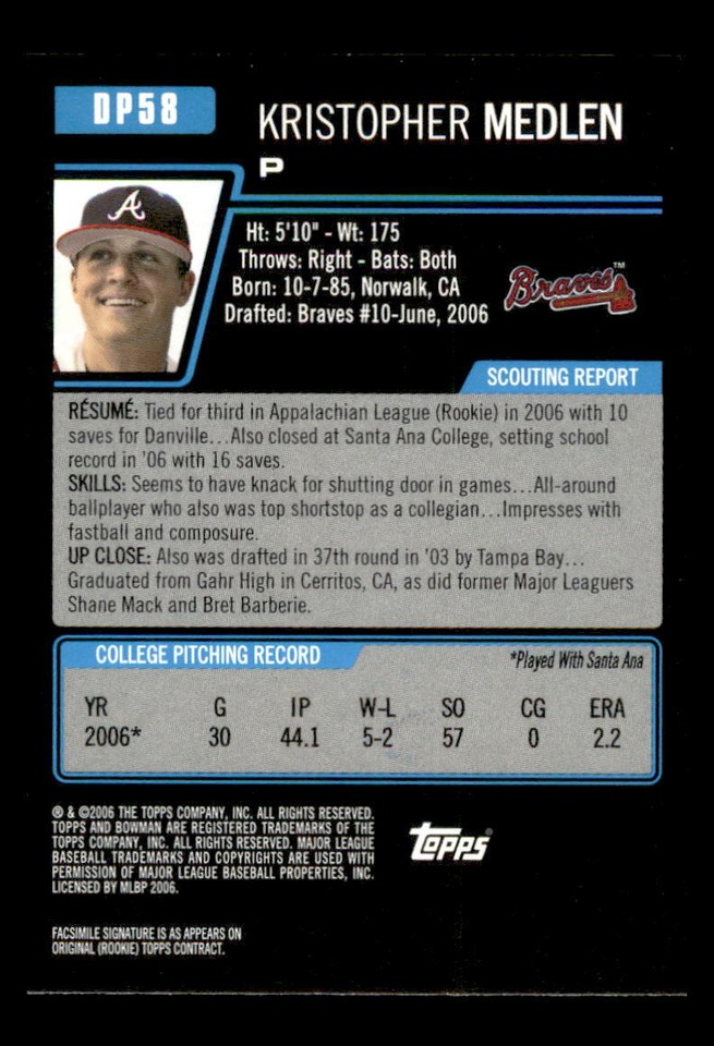 2006 Baseball Bowman 1st Card Kristopher Medlen Atlanta Braves #DP58 ...