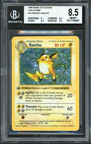 1999 Pokemon Base Set Raichu Holo 1st Edition Shadowless #14/102 BGS 8. ...