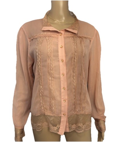 VTG Cotton Express Missy L Sheer Peach 100% Silk Lace Blouse Romantic ...
