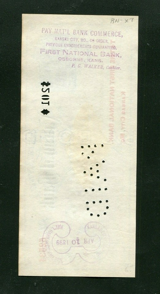 1899 CHECK EXCHANGE NATIONAL BANK OSBORNE KS P G WALKER S P CRAMPTON | eBay