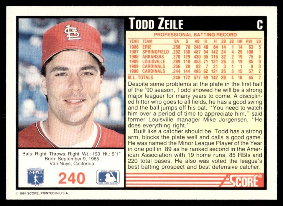 1991 Score Baseball Card Todd Zeile St. Louis Cardinals #240 | eBay