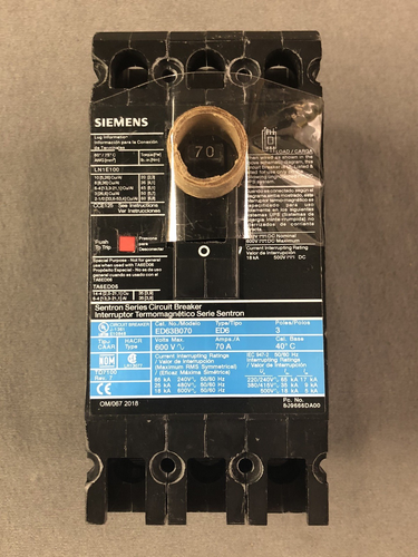 Siemens ED63B070L Circuit Breaker Type ED6 Sentron 3 Pole 70A / 600 VAC ...