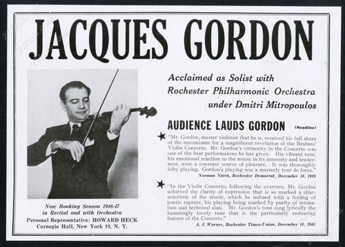 1946 Jacques Gordon photo violin recital tour booking vintage print ad ...