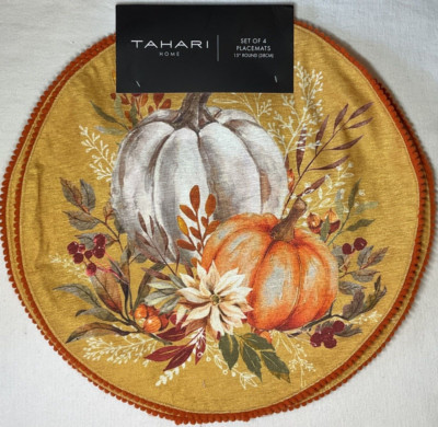 TAHARI HOME PLACEMATS PUMPKINS GOLD ORANGE WHITE 15 INCH ROUND ...