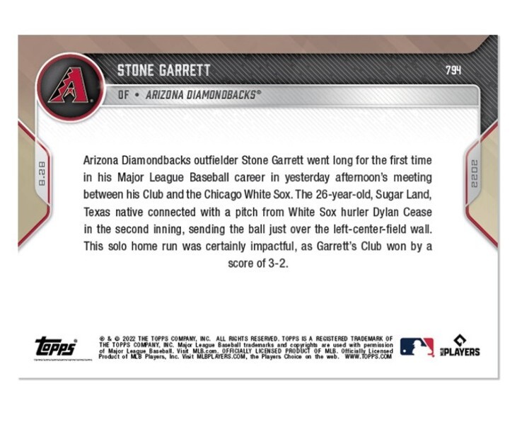 2022 Topps Now #794 Stone Garrett Call-Up 1ST CAREER HR Diamondbacks PR ...