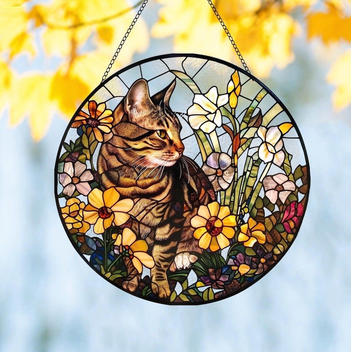 Cat Flower Suncatcher Stained Glass, Suncatcher Cute Cat Flower Lovers ...