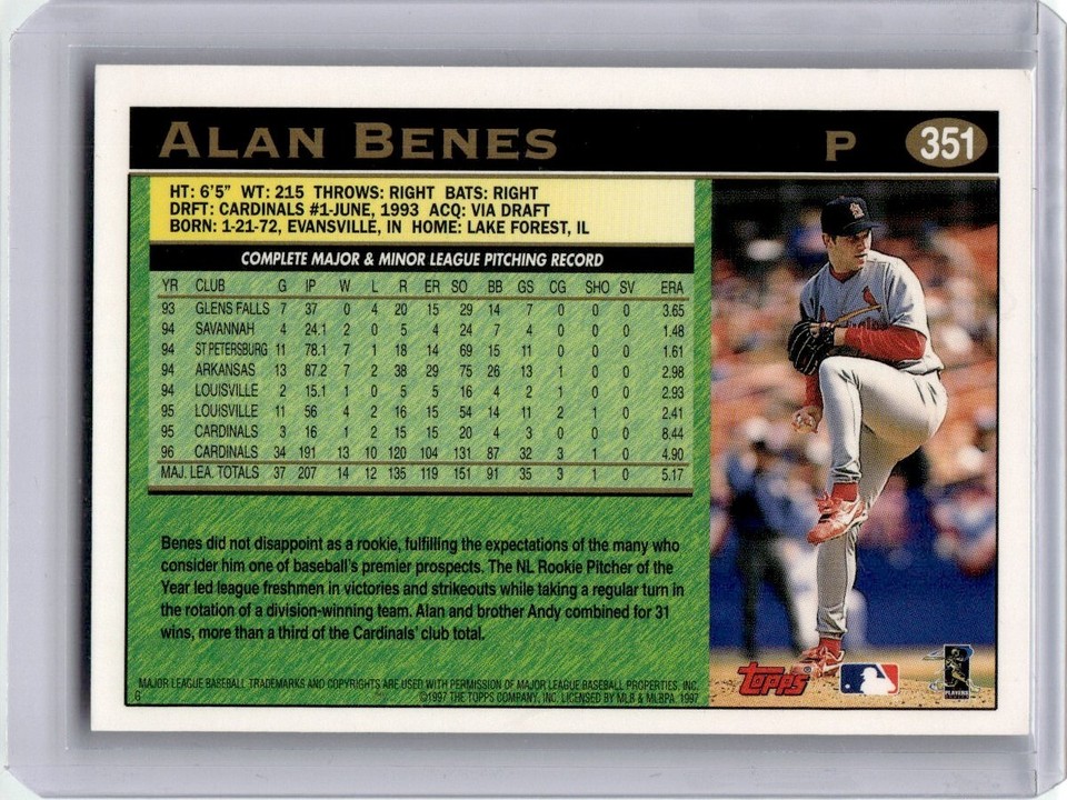 1997 Topps Alan Benes Auto St. Louis Cardinals #351 Signed IP | eBay