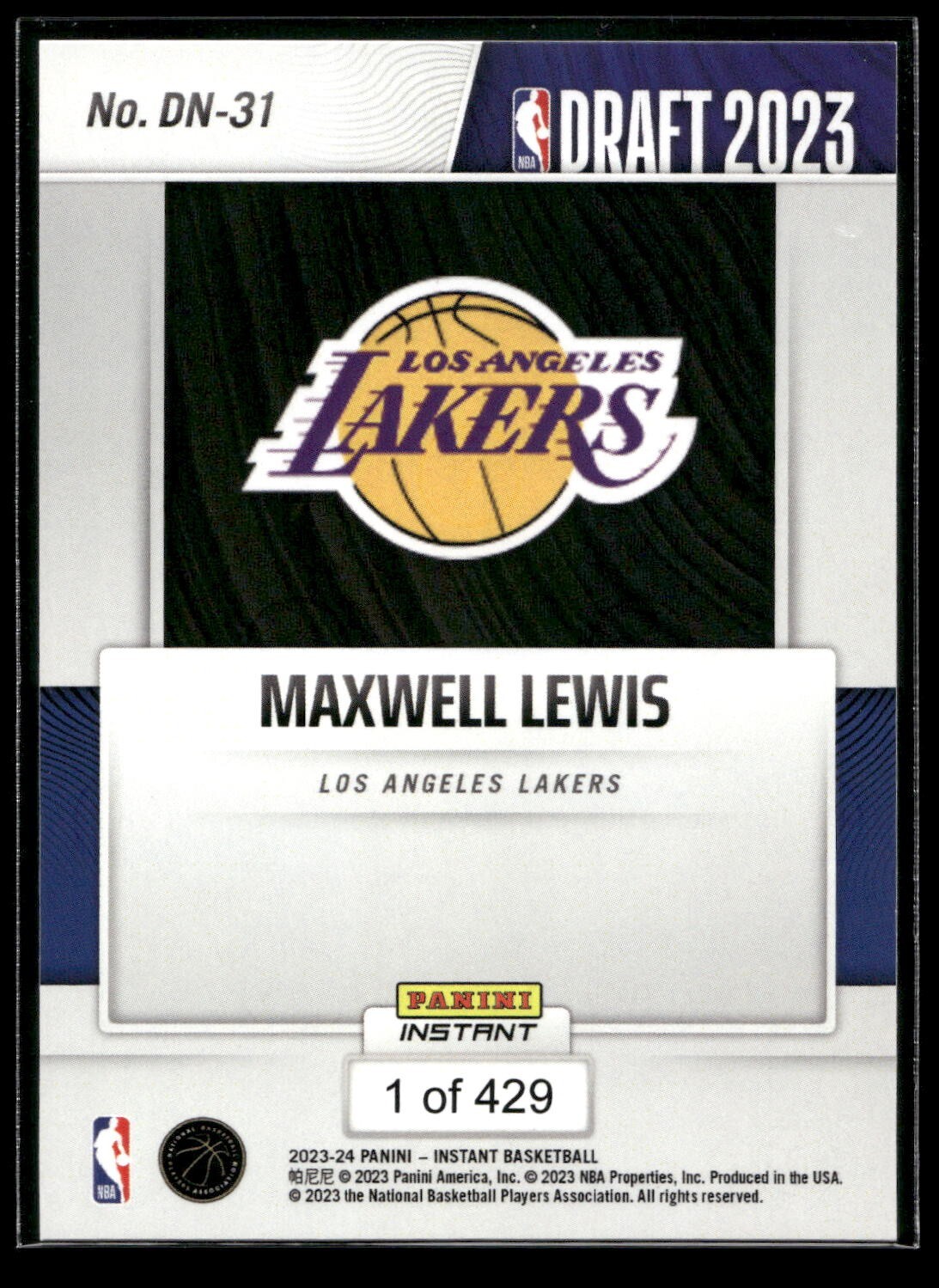2023-24 Panini Instant Maxwell Lewis DRAFT NIGHT 1/429 SP Lakers #DN-31 ...