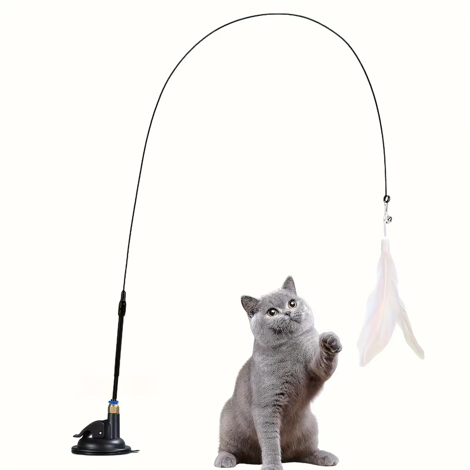 Cat Teaser Toy - Interactive Bell & Feather Wand - Long Suction Cup ...