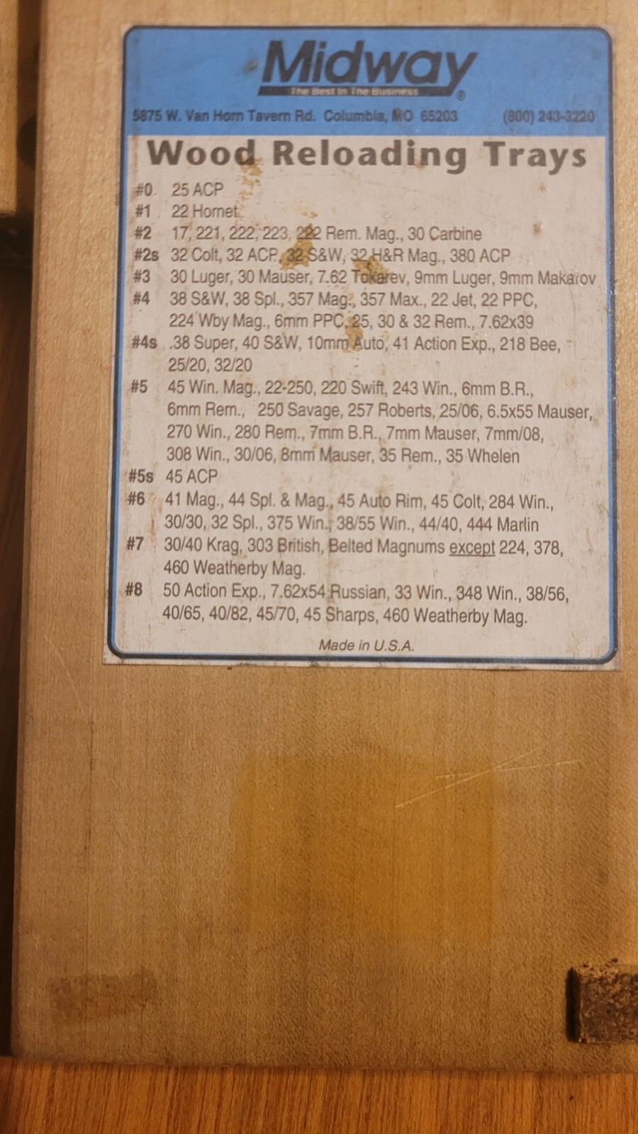 Midway Wood Reloading Tray Lot #1, #4s, .22 Hornet, .38 Super, 40 S&W ...